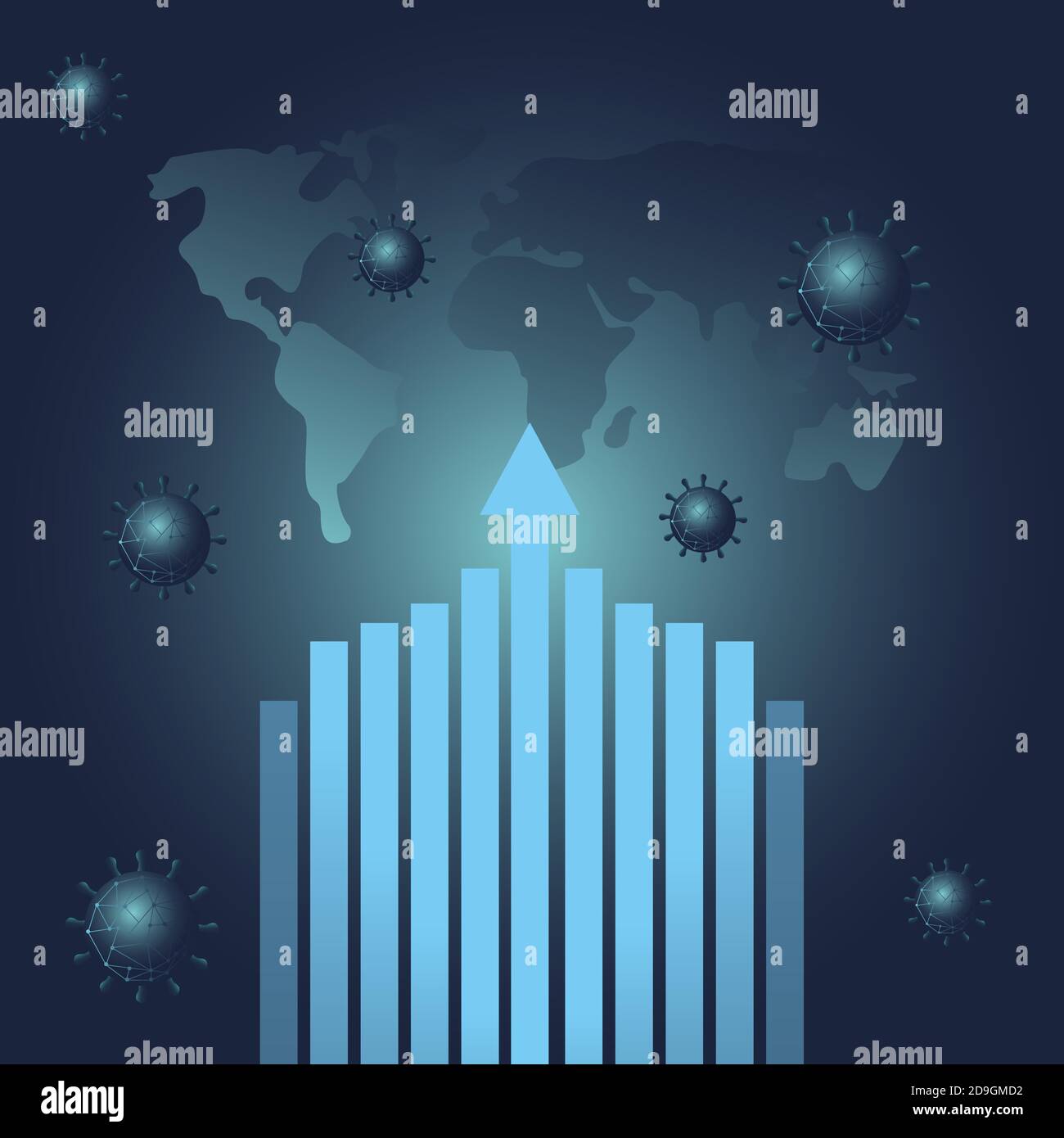 Covid 19 virus stats bars chart with increase arrow and map gradient style icon design, Data ...
