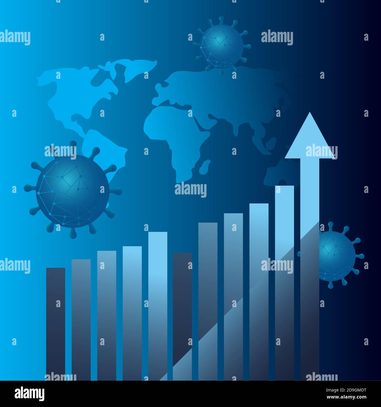 Covid 19 virus stats bars chart with increase arrow and map gradient style icon design, Data ...