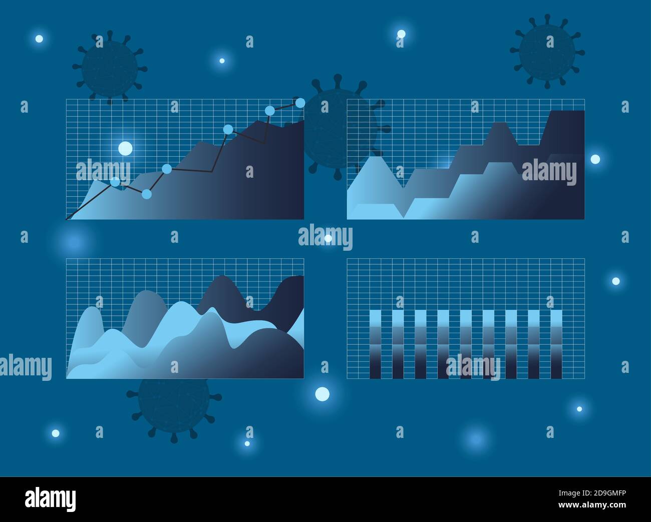 Covid 19 virus stats area bars chart and increase line gradient style icon design, Data analysis ...