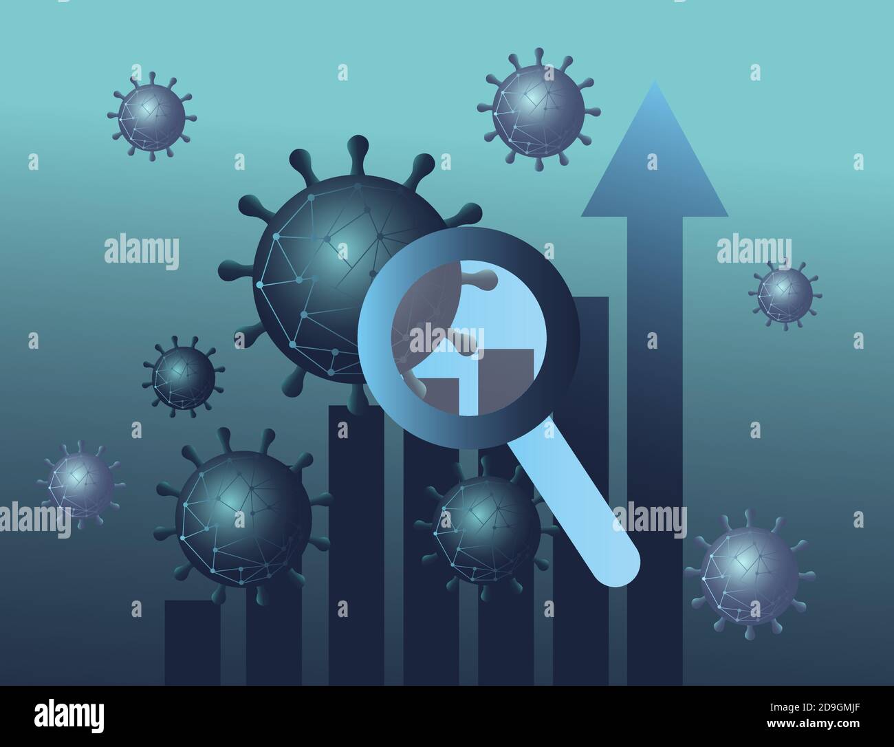 Covid 19 virus stats bars chart with increase arrow and lupe gradient style icon design, Data ...