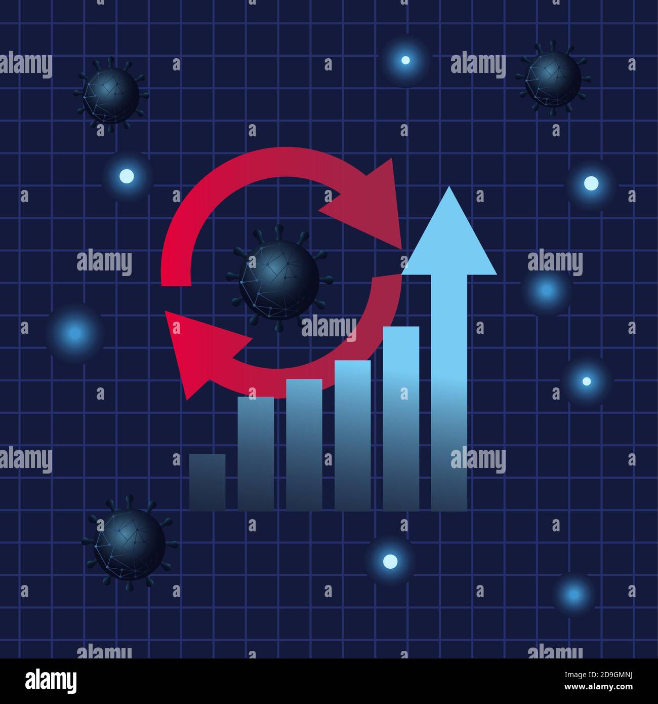 Covid 19 virus stats bars chart with increase arrow gradient style icon design, Data analysis ...