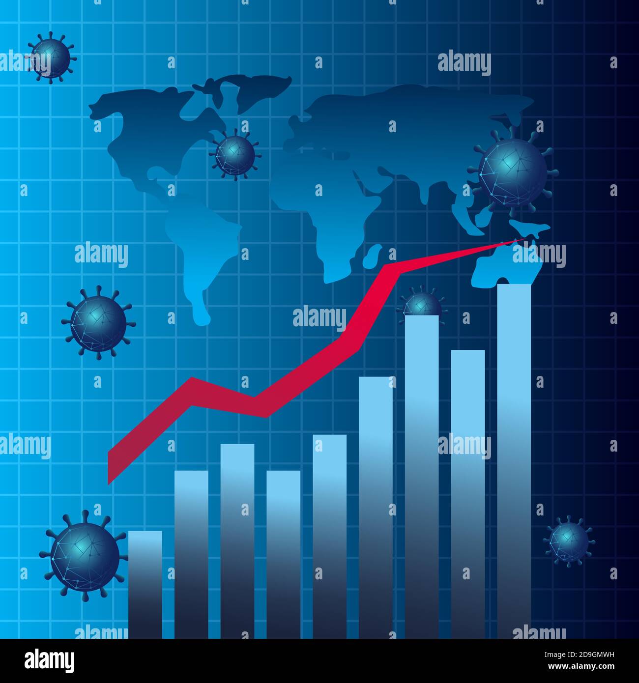 Covid 19 virus stats bars chart with increase line and map gradient style icon design, Data ...