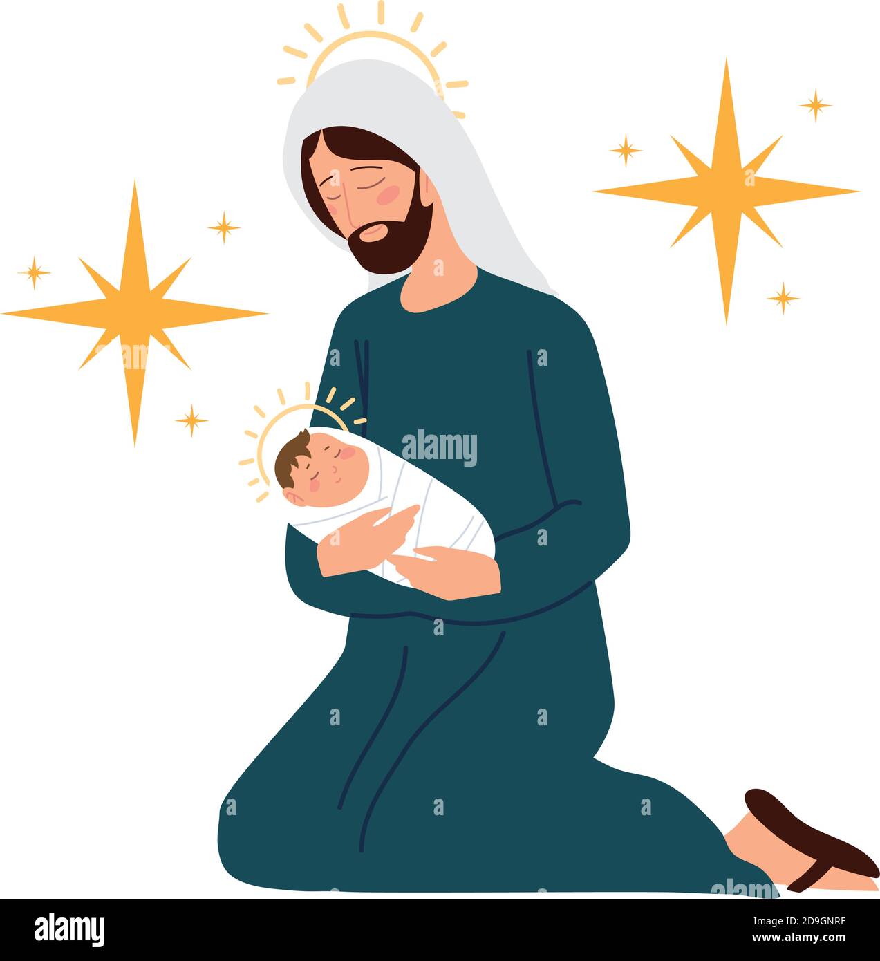 nativity, manger joseph carrying baby jesus vector illustration Stock ...