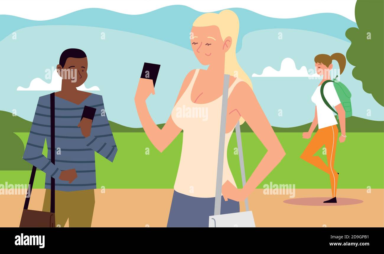 people outdoor activity, persons with smartphone and girl walking ...