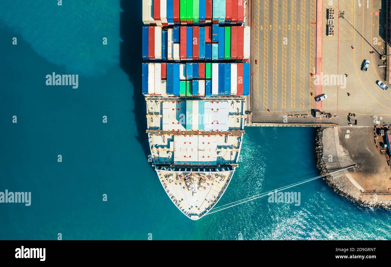 Aerial view container ship carrying container in import export business ...