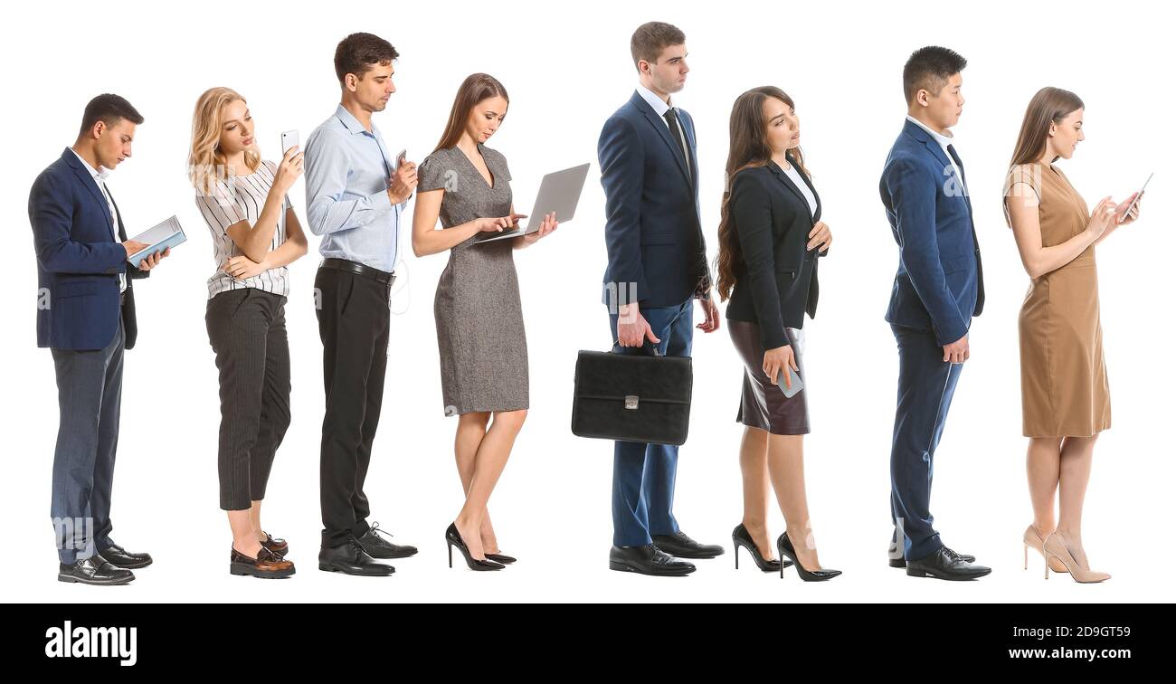 Business people waiting in line on white background Stock Photo - Alamy