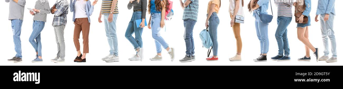 Different people waiting in line on white background Stock Photo - Alamy