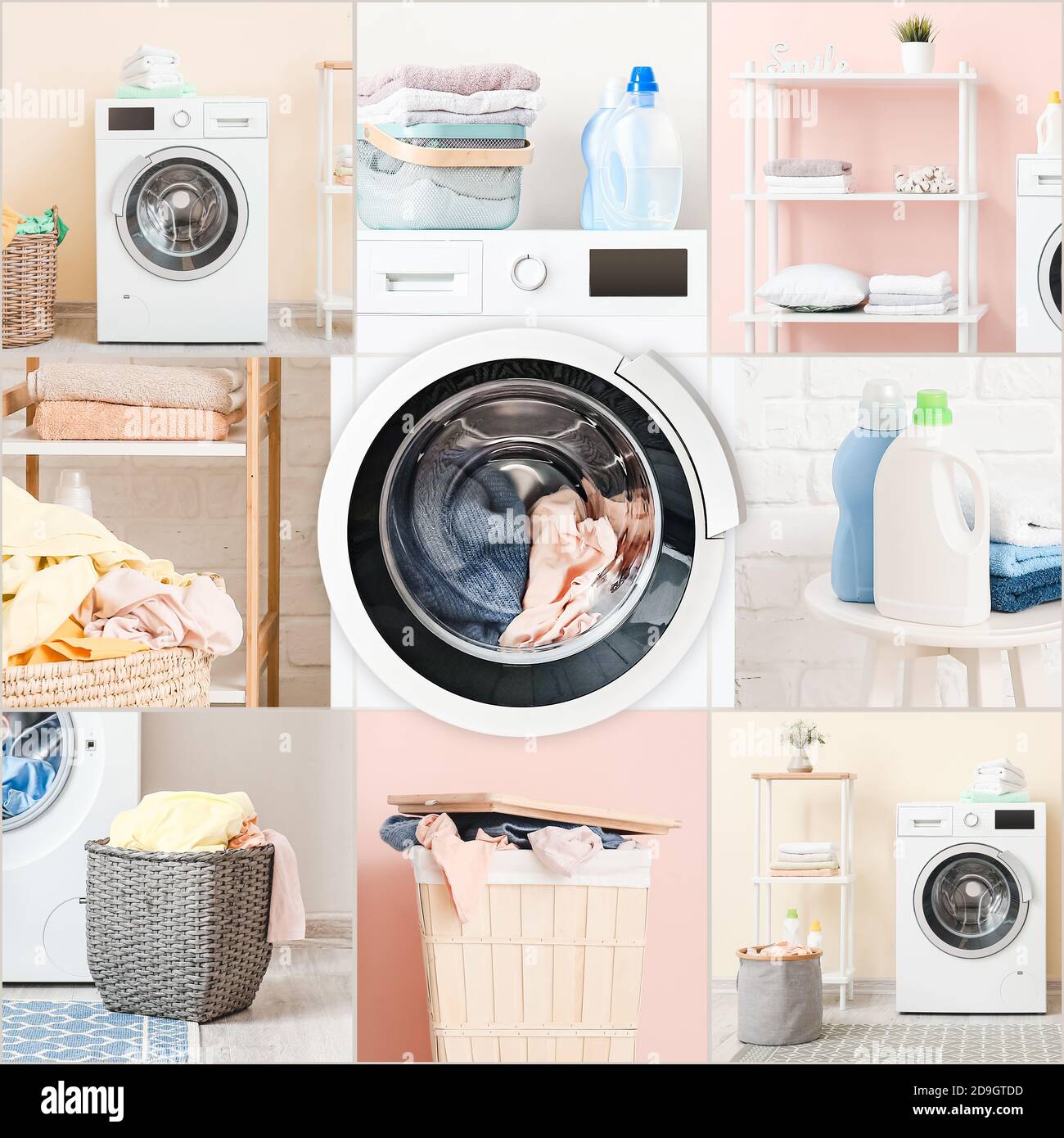 Collage of photos with modern washing machines and laundry baskets ...