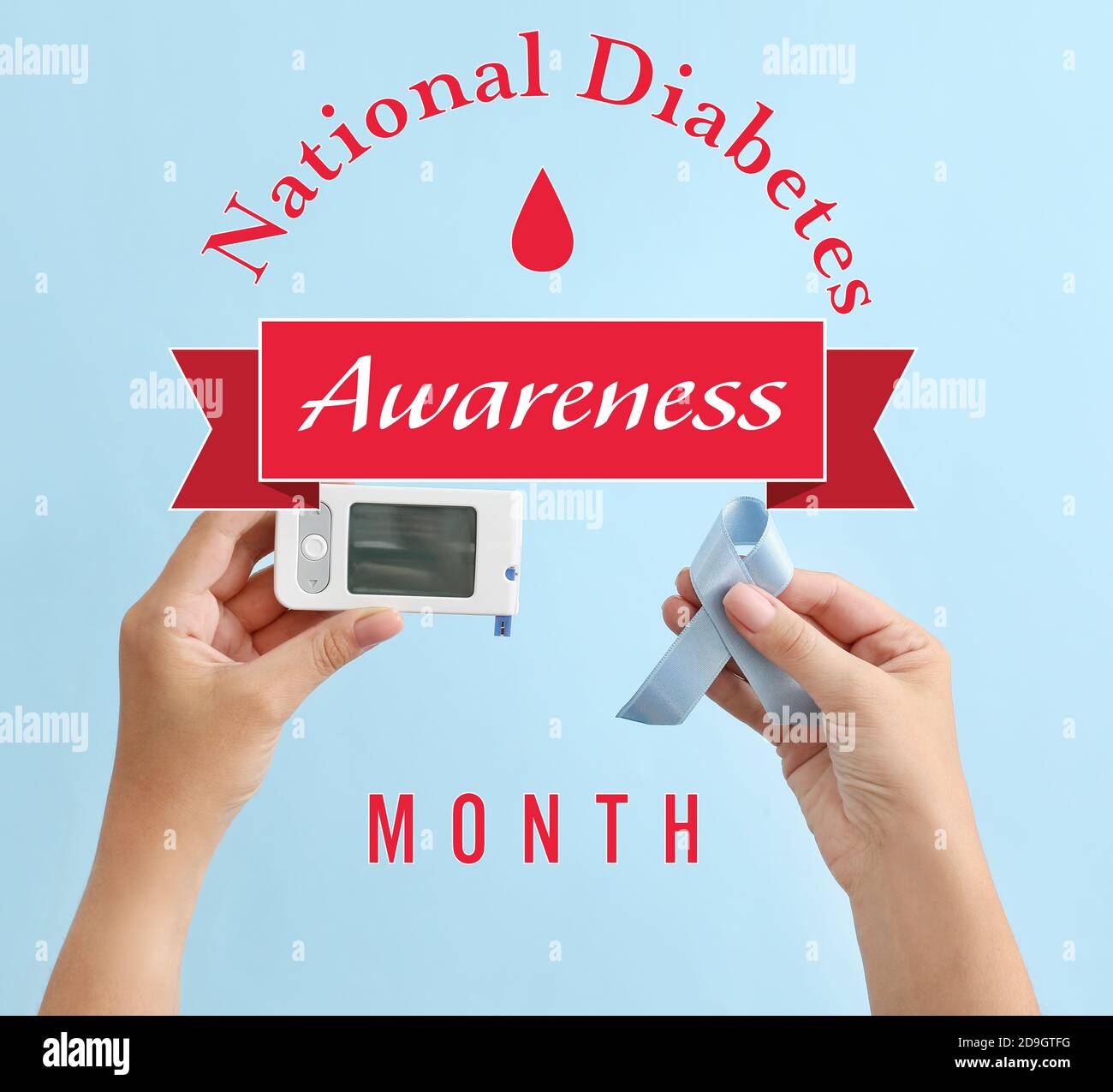 Female hands with glucometer, blue ribbon and text NATIONAL DIABETES ...