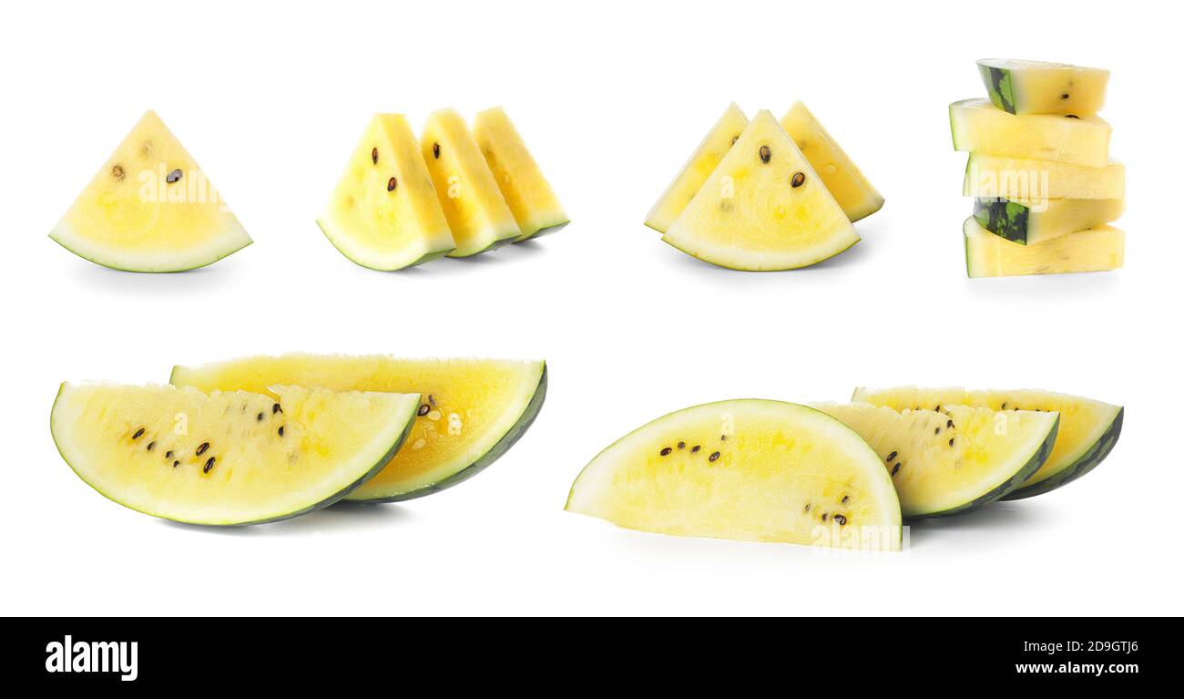 Cut yellow watermelon on white background Stock Photo - Alamy