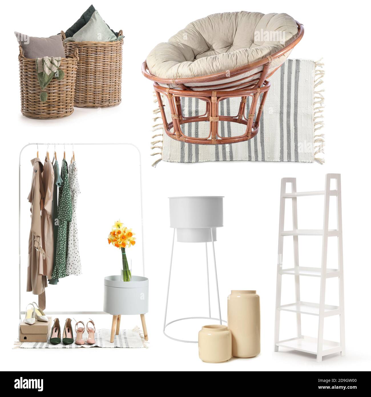 Collage with different elements of wardrobe interior on white ...