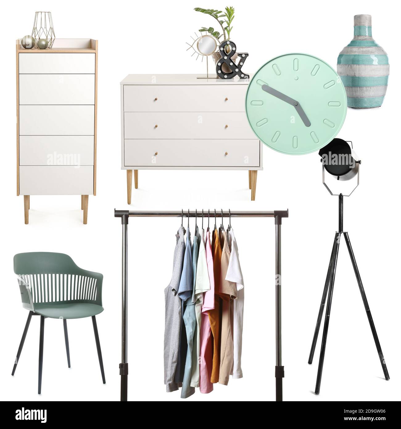 Collage with different elements of wardrobe interior on white ...