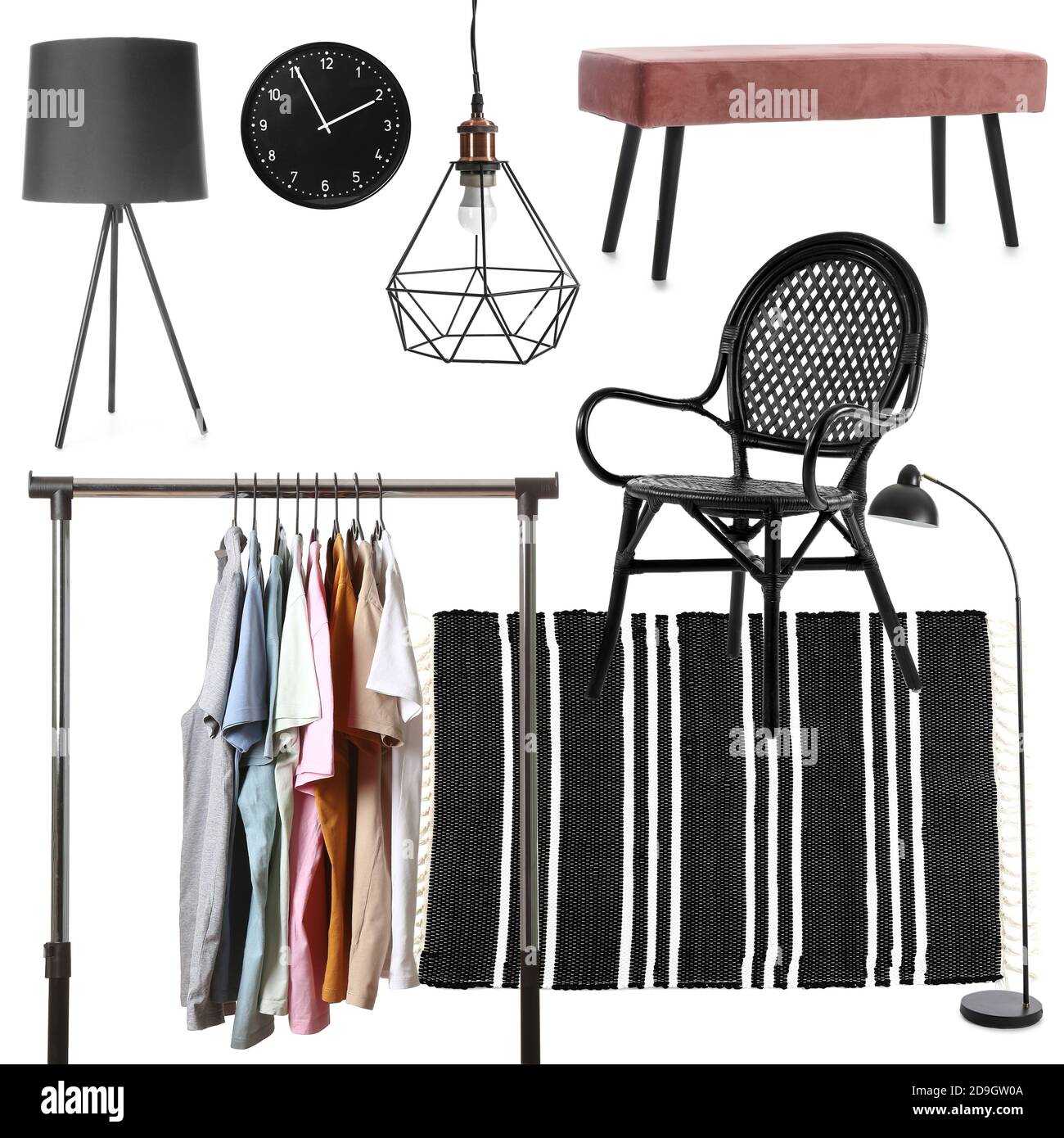 Collage with different elements of wardrobe interior on white ...