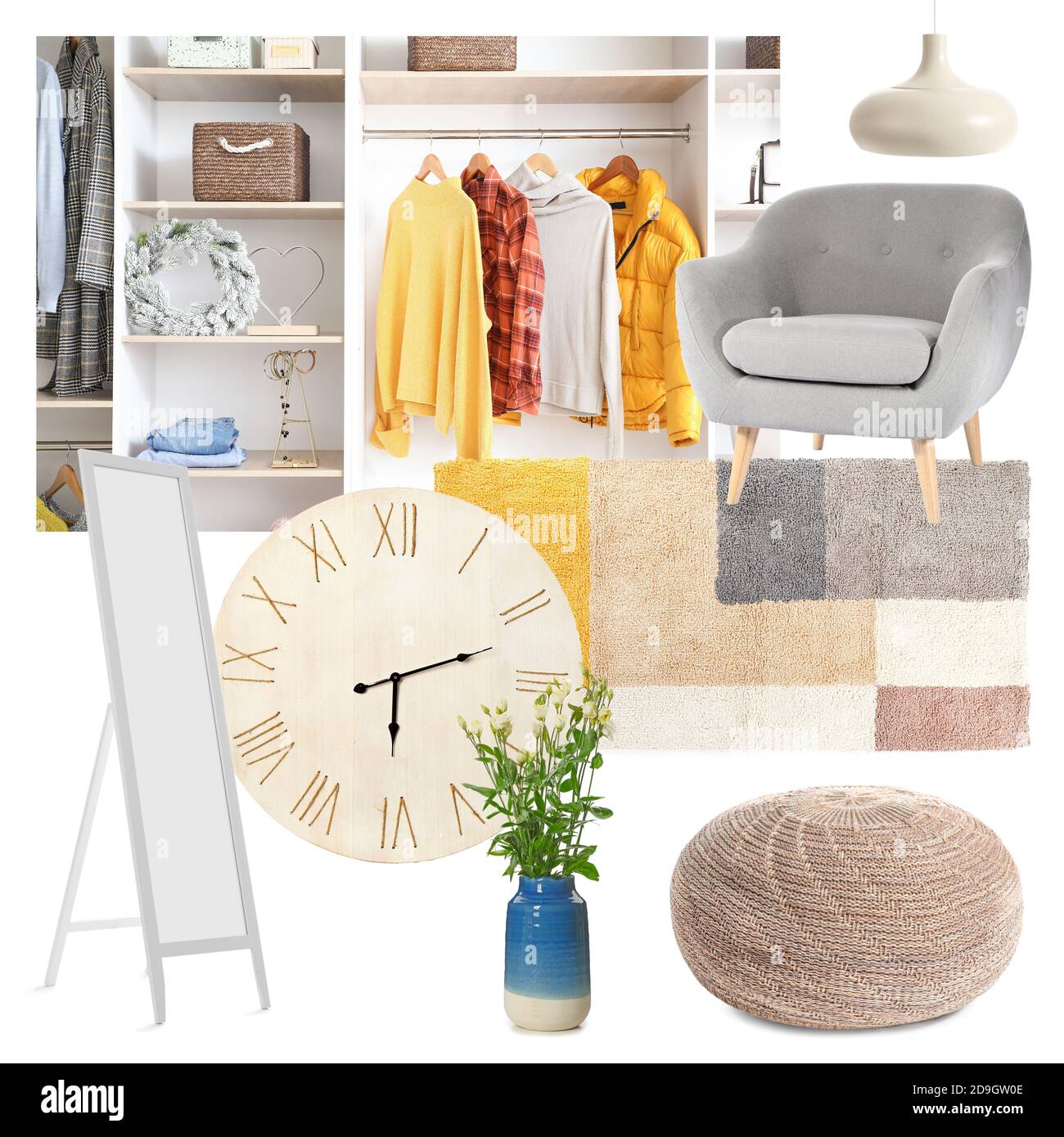 Collage with different elements of wardrobe interior on white ...