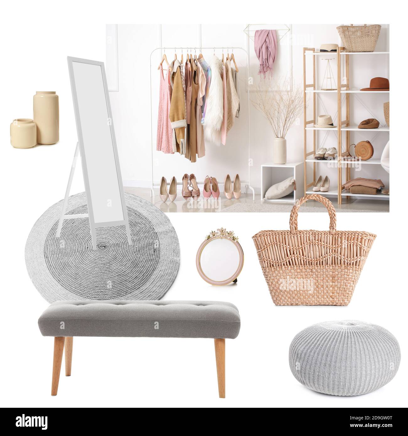 Collage with different elements of wardrobe interior on white ...