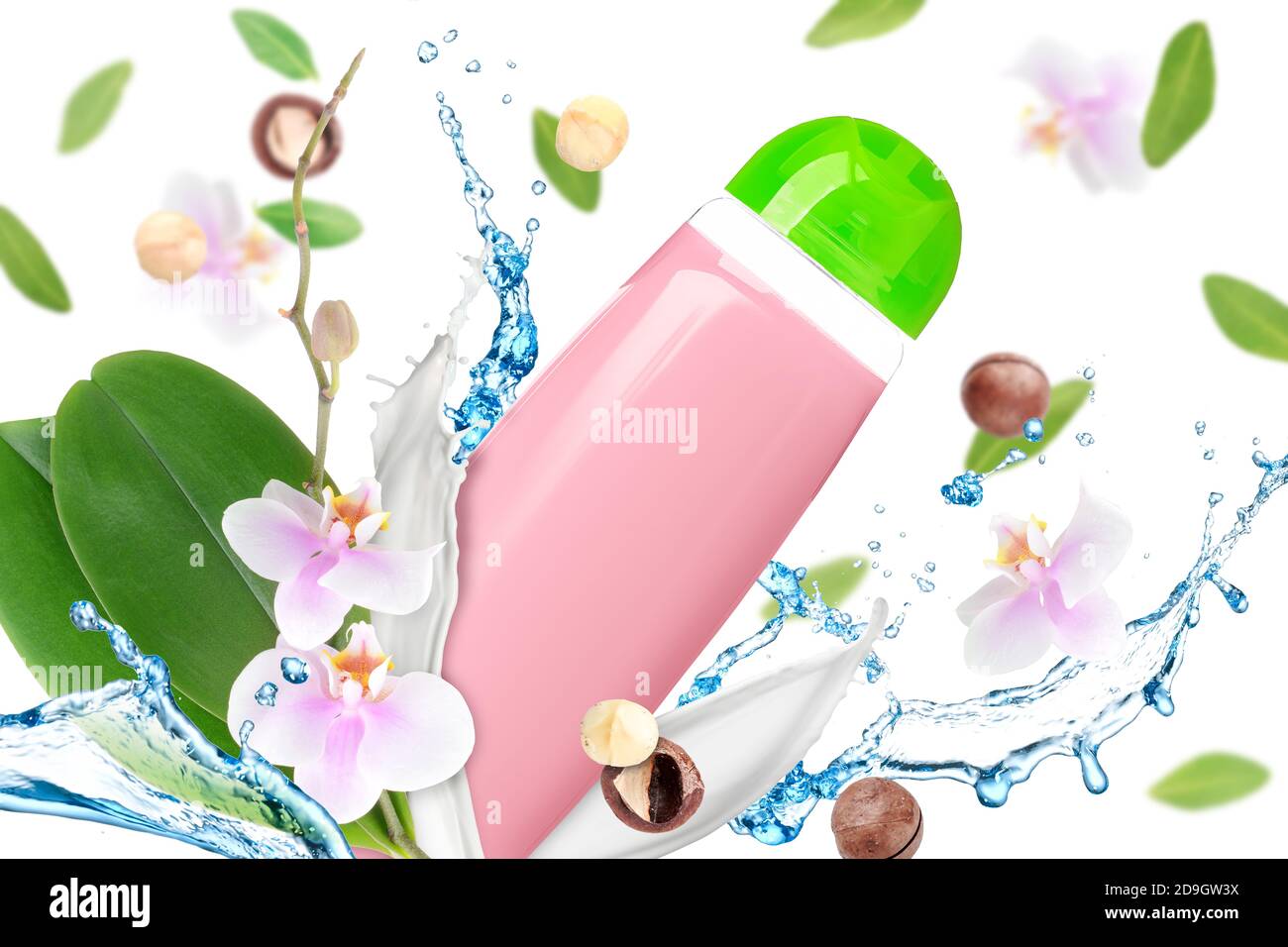 Composition with bottle of shampoo, orchid flowers and macadamia nuts ...