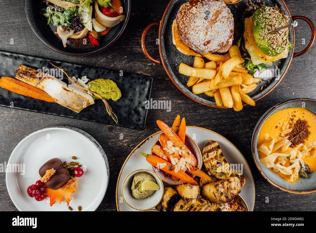 Top view of fast food on a table Stock Photo - Alamy