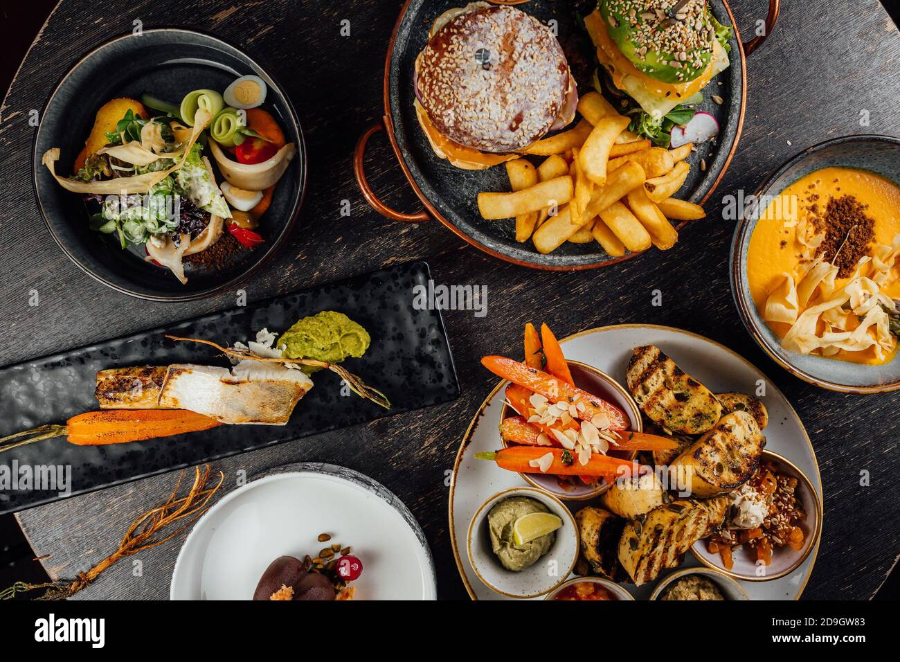 Top view of fast food on a table Stock Photo - Alamy