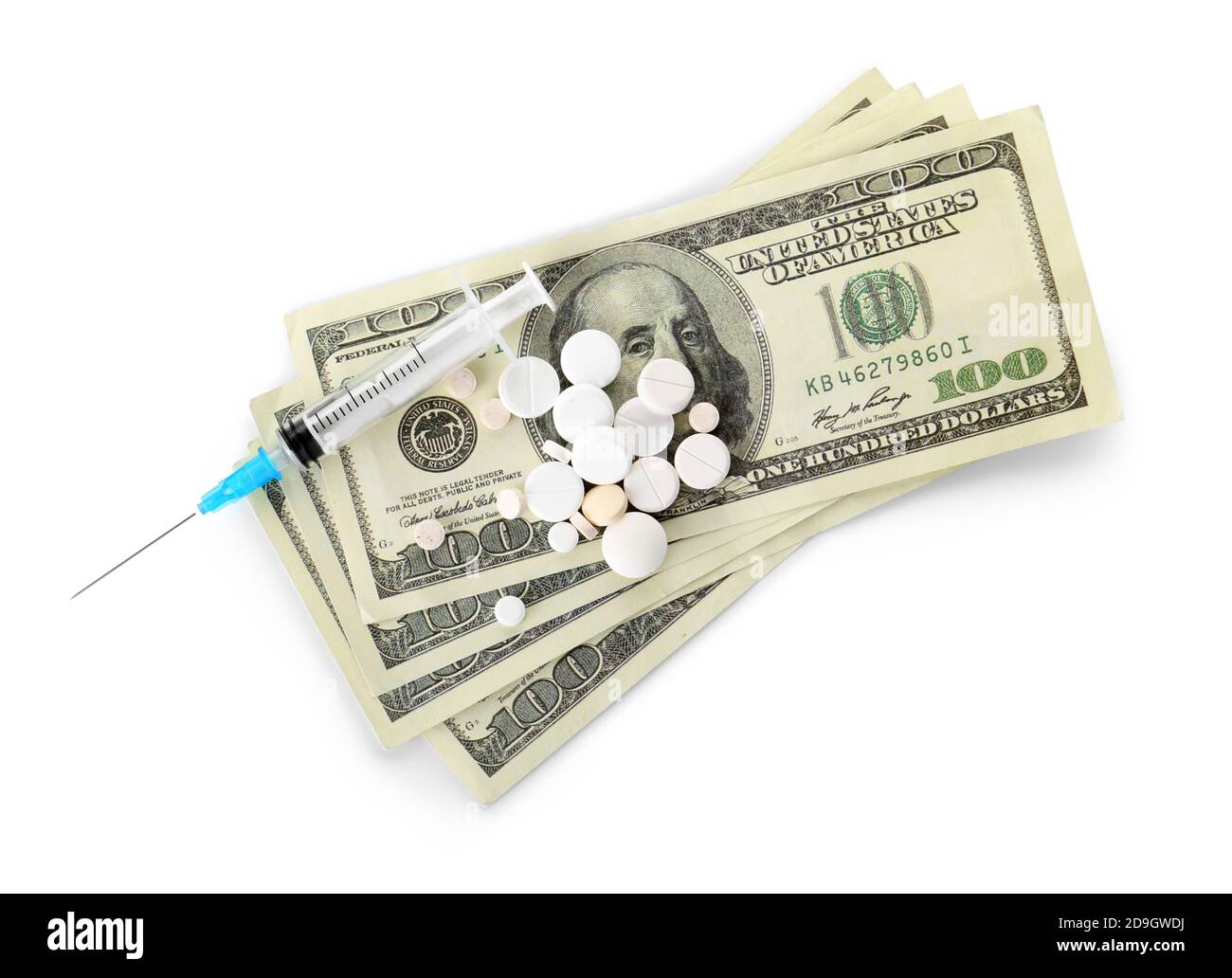 Drugs and money on white background. Concept of addiction Stock Photo ...