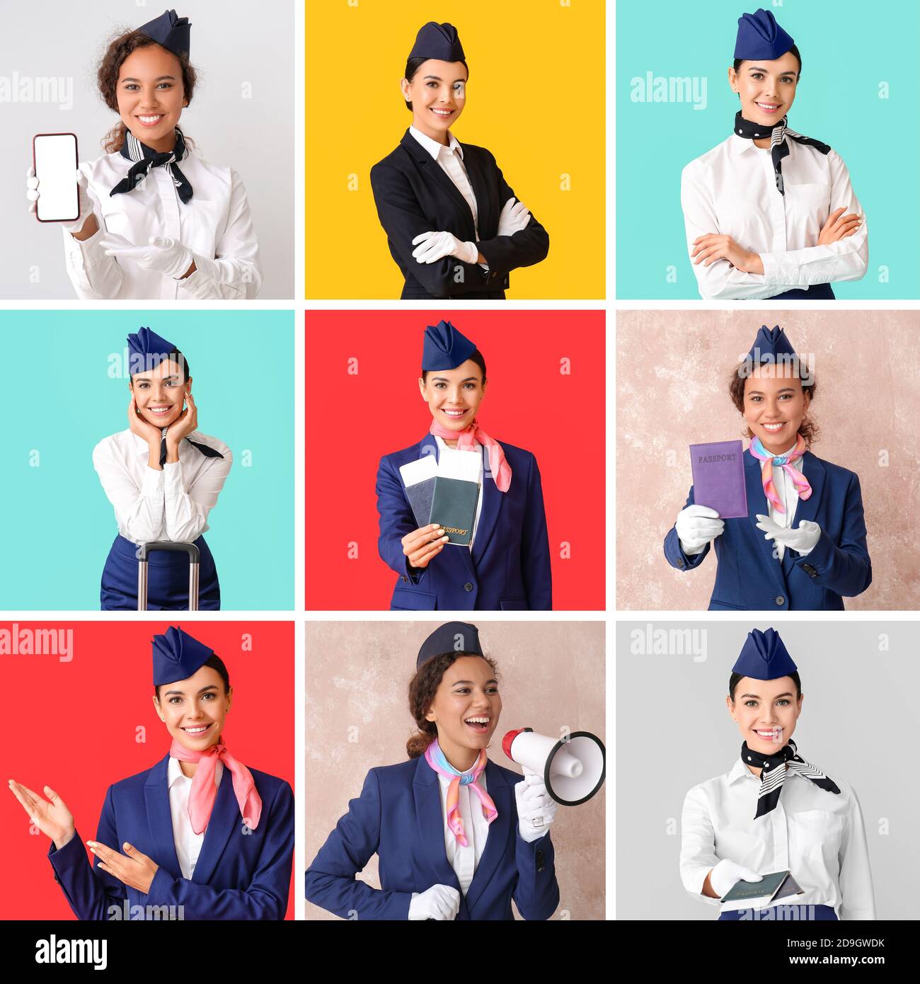 Collage of different beautiful stewardesses on color background Stock ...