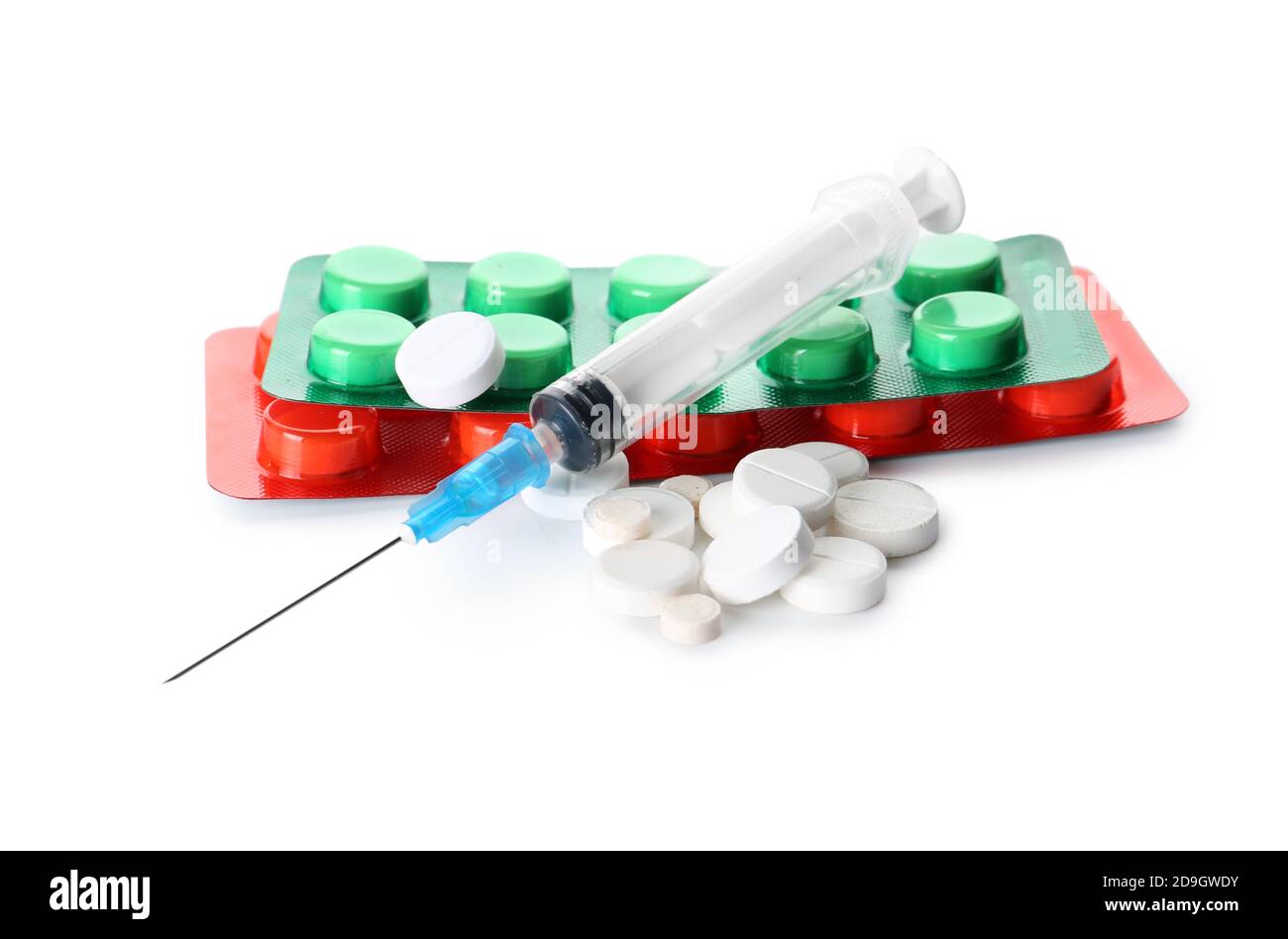 Pills and syringe for injection on white background Stock Photo - Alamy