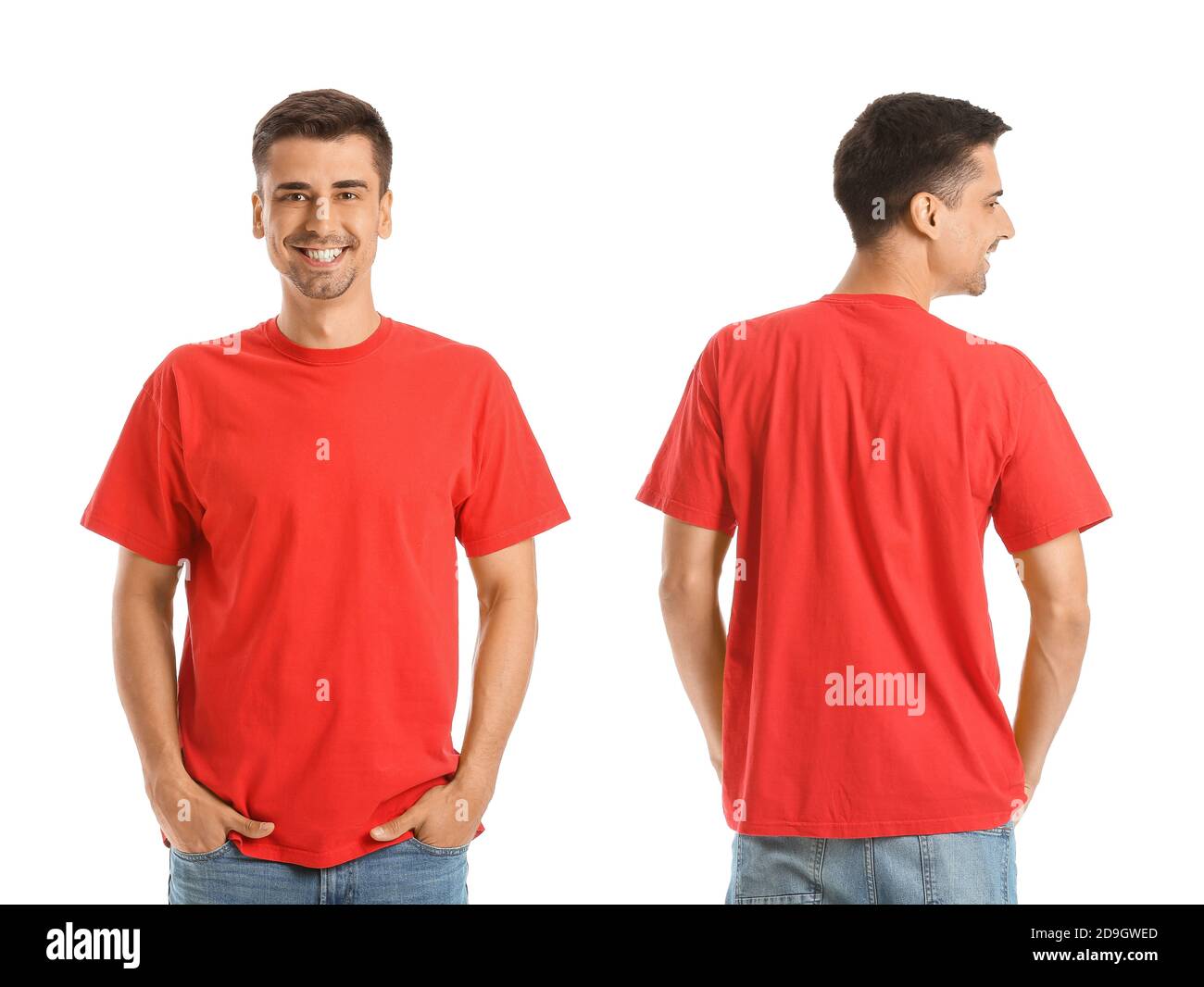 Man in stylish t-shirt on white background. Front and back view Stock ...