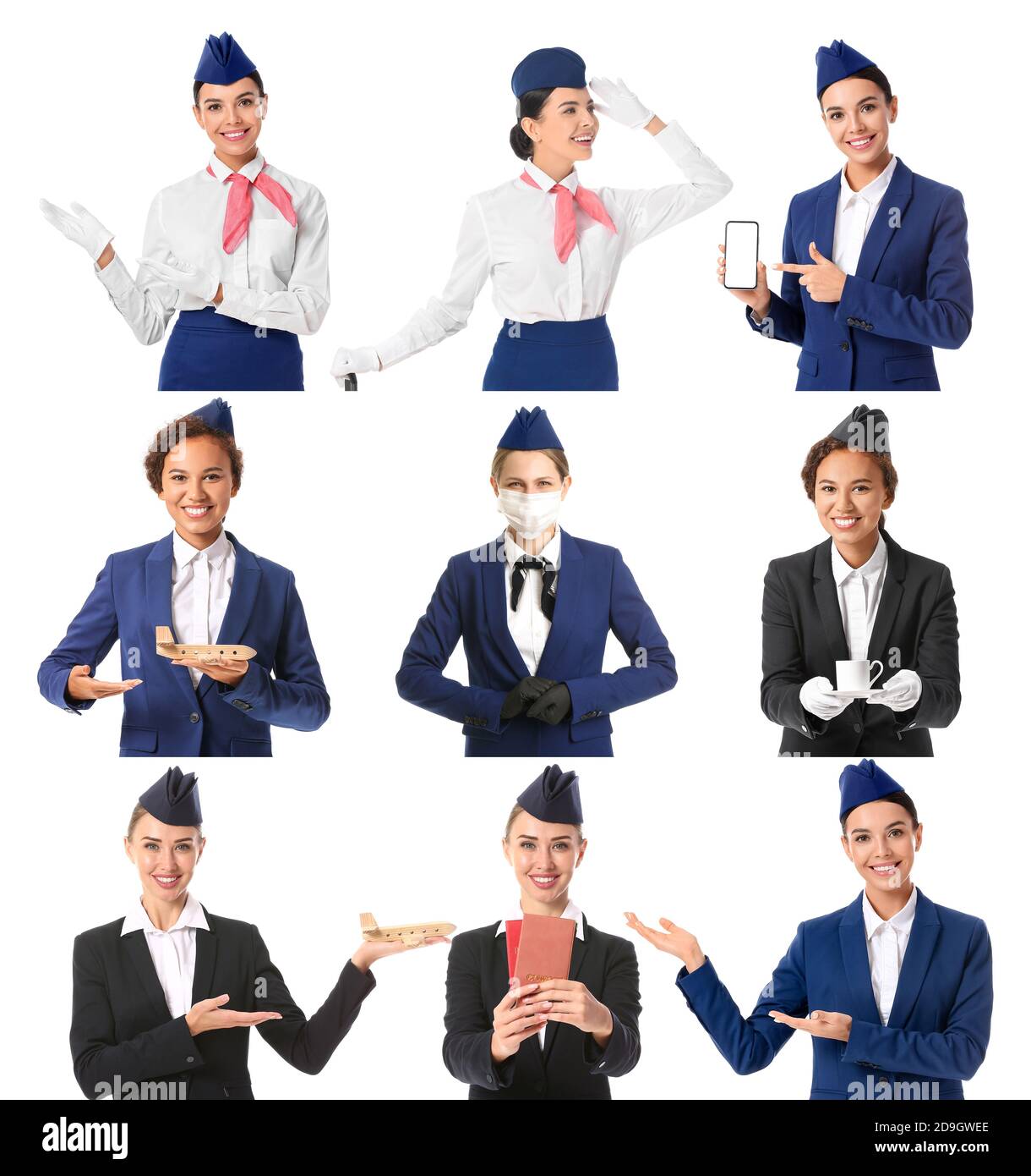 Collage of different beautiful stewardesses on white background Stock ...