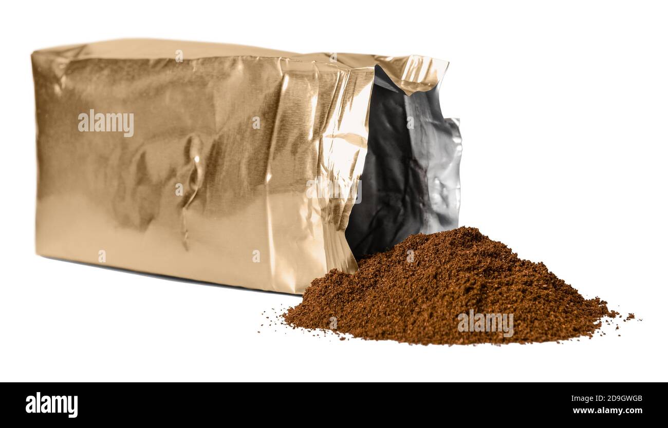 Coffee bag and powder on white background Stock Photo - Alamy