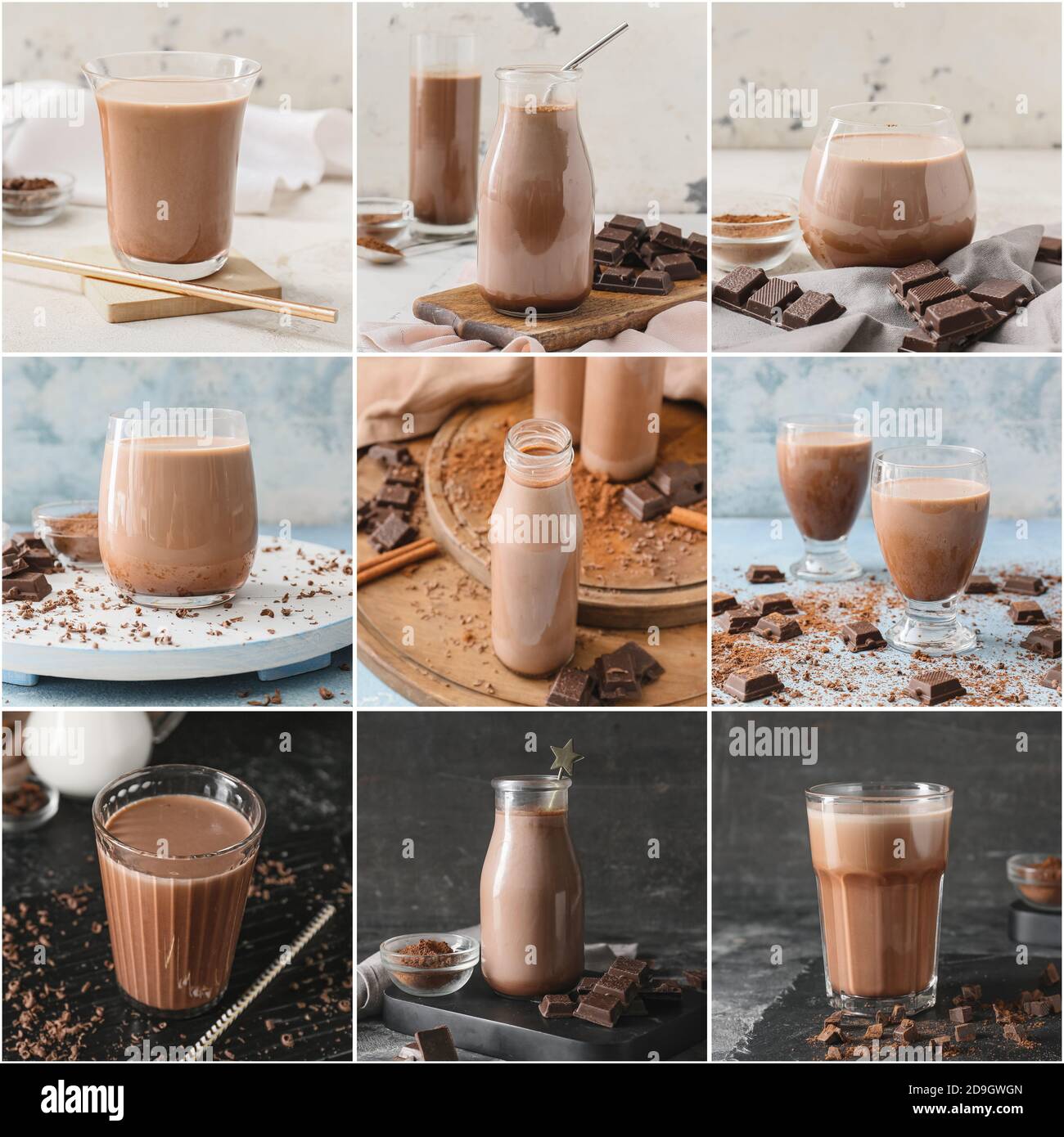 Collage of tasty chocolate milk on table Stock Photo - Alamy