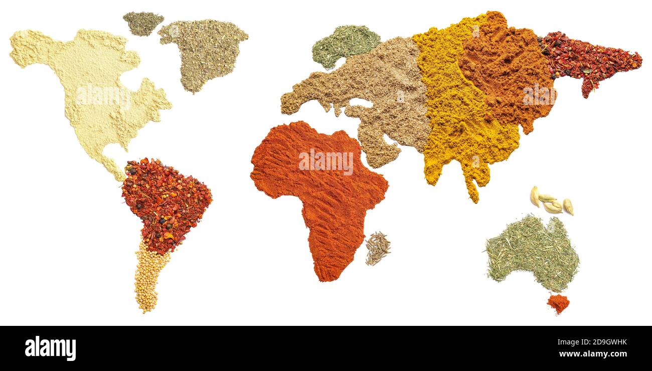 World map made of spices on white background Stock Photo - Alamy