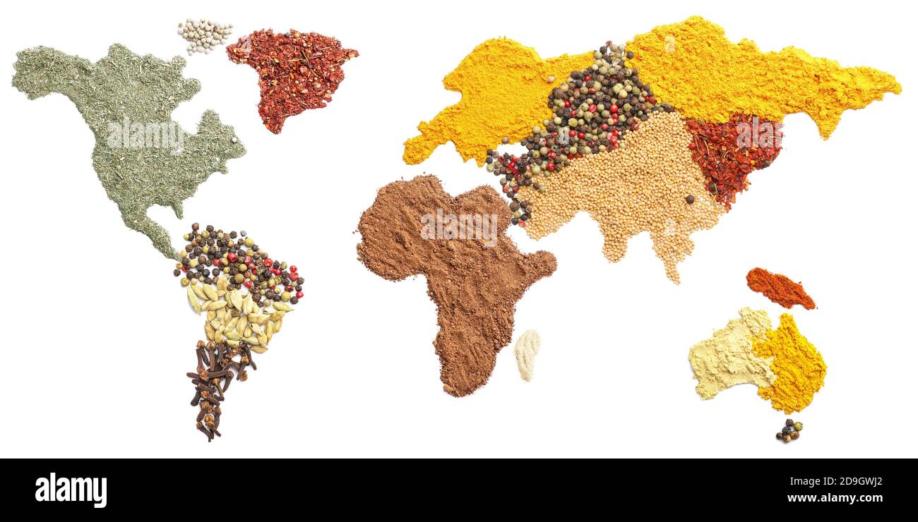 World map made of spices on white background Stock Photo - Alamy