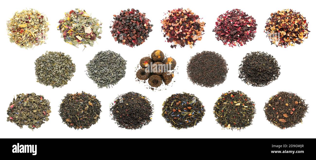 Different types of tea on white background Stock Photo - Alamy