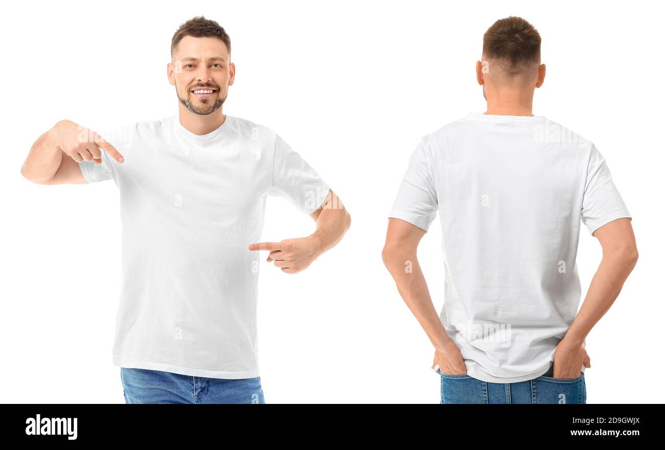 Man in stylish t-shirt on white background. Front and back view Stock ...
