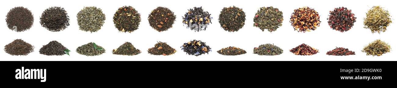 Different types of tea on white background Stock Photo - Alamy