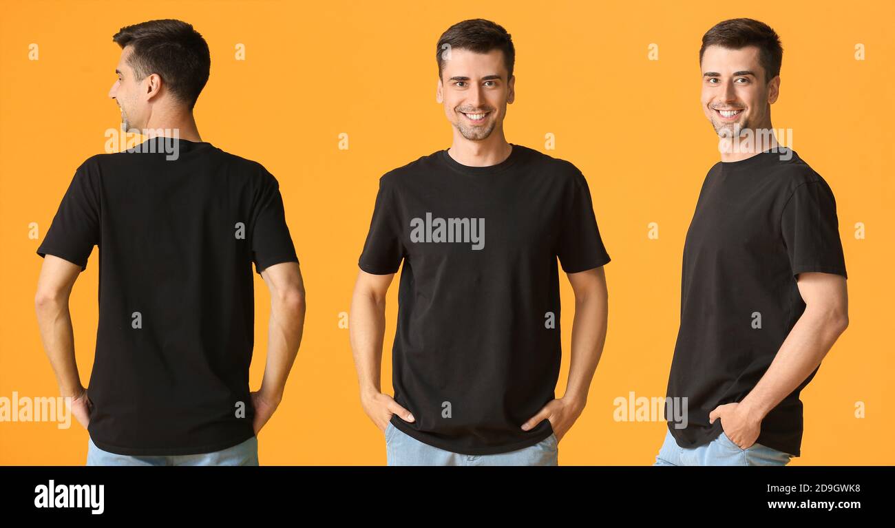Man in stylish t-shirt on color background. Front, side and back view ...