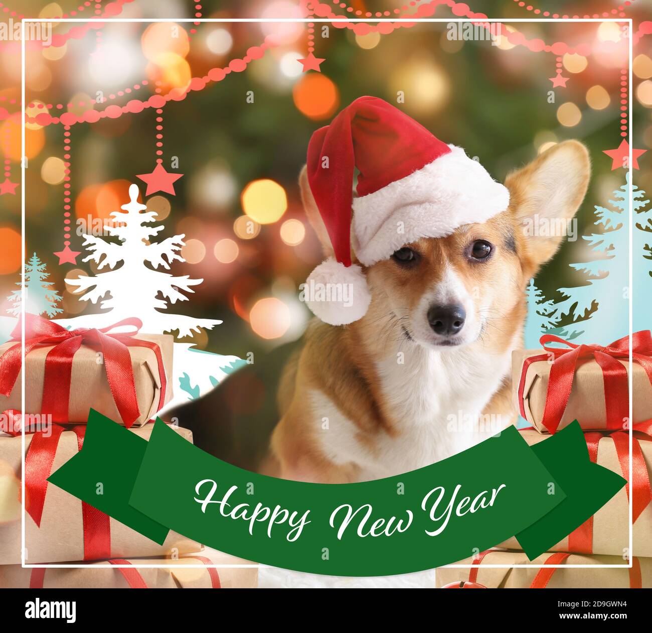 Beautiful New Year greeting card with cute dog Stock Photo - Alamy