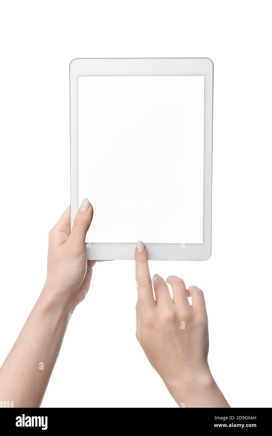 Female hands with tablet computer on white background Stock Photo - Alamy