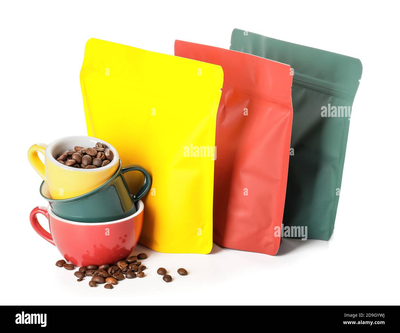 Blank coffee bags and cups on white background Stock Photo - Alamy