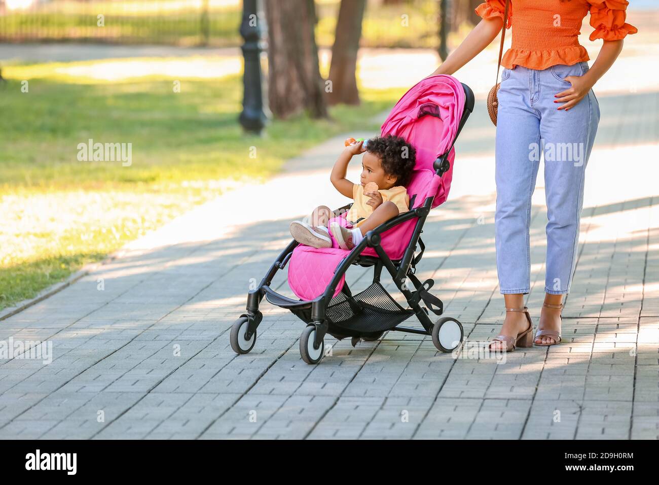 African-American woman and her cute baby in stroller outdoors Stock ...