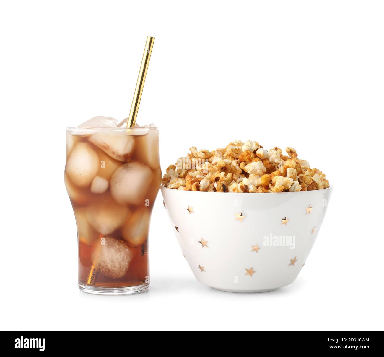 Tasty popcorn and cola on white background Stock Photo - Alamy