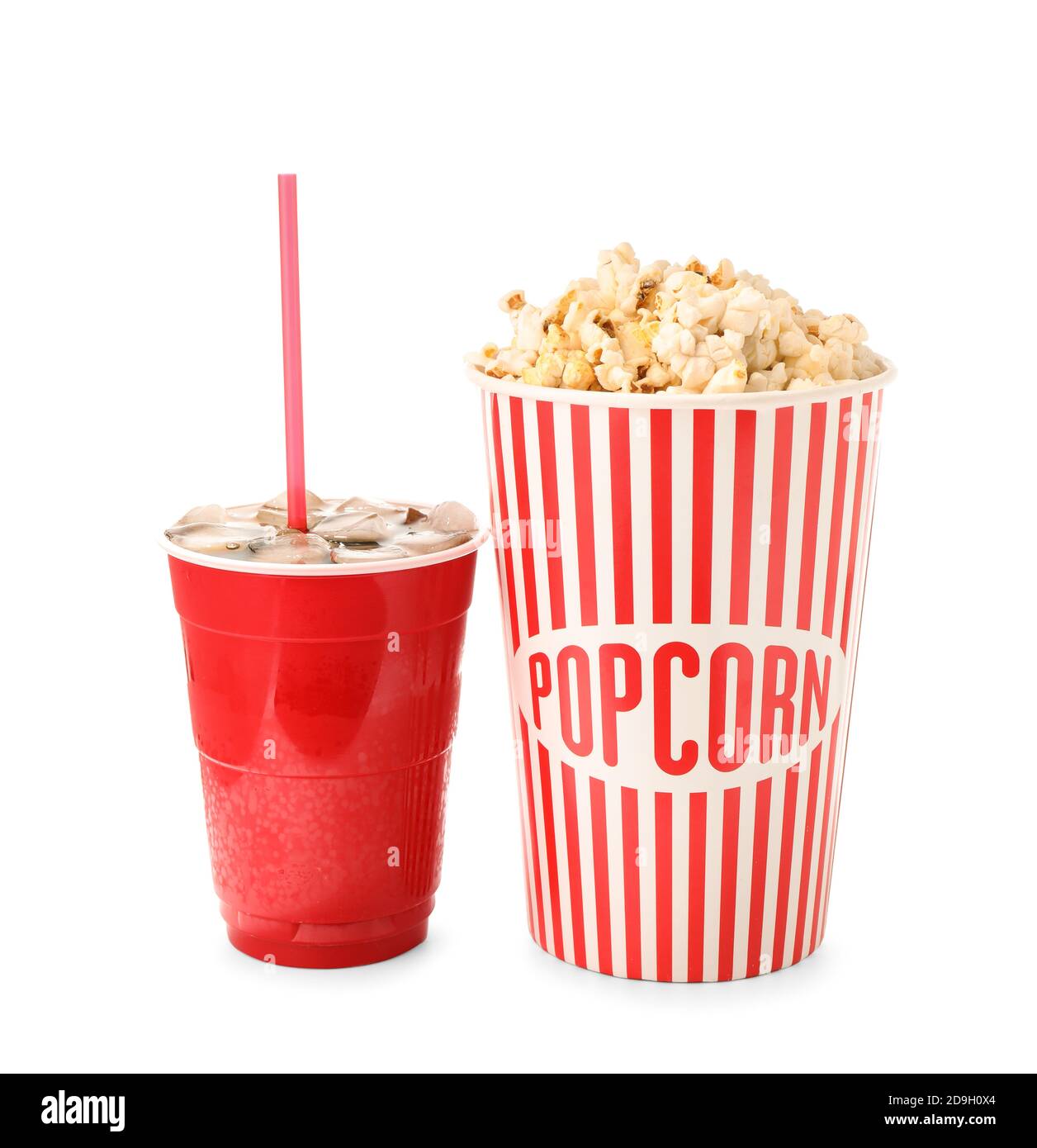 Tasty popcorn and cola on white background Stock Photo - Alamy
