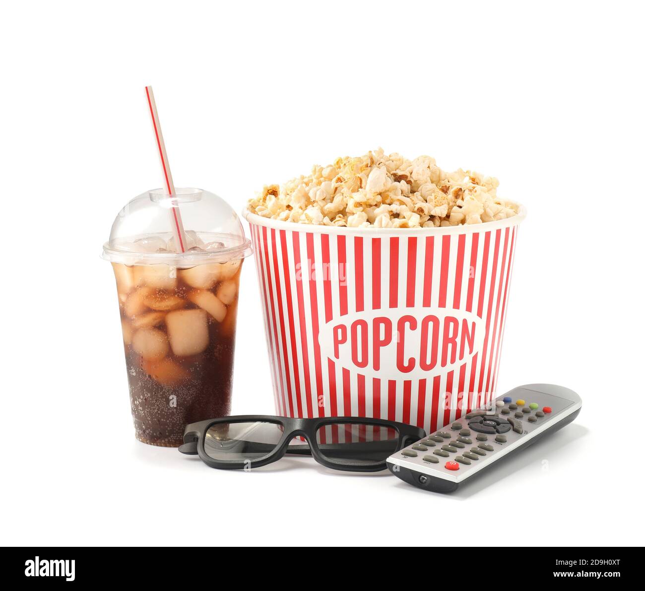 Tasty popcorn, cola, TV remote control and 3D glasses on white ...