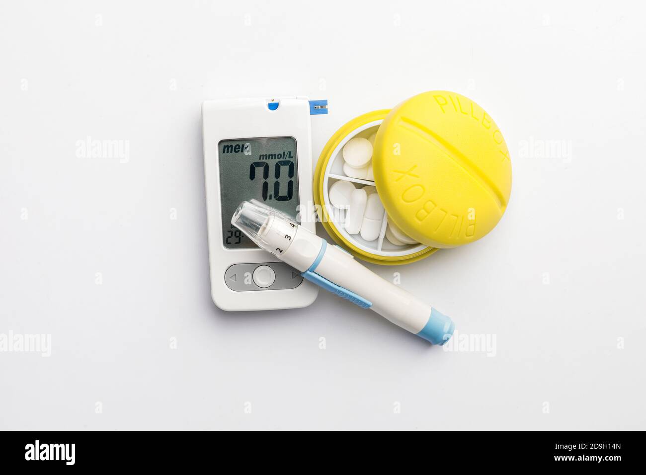 Glucometer, lancet pen and pills on white background. Diabetes concept ...