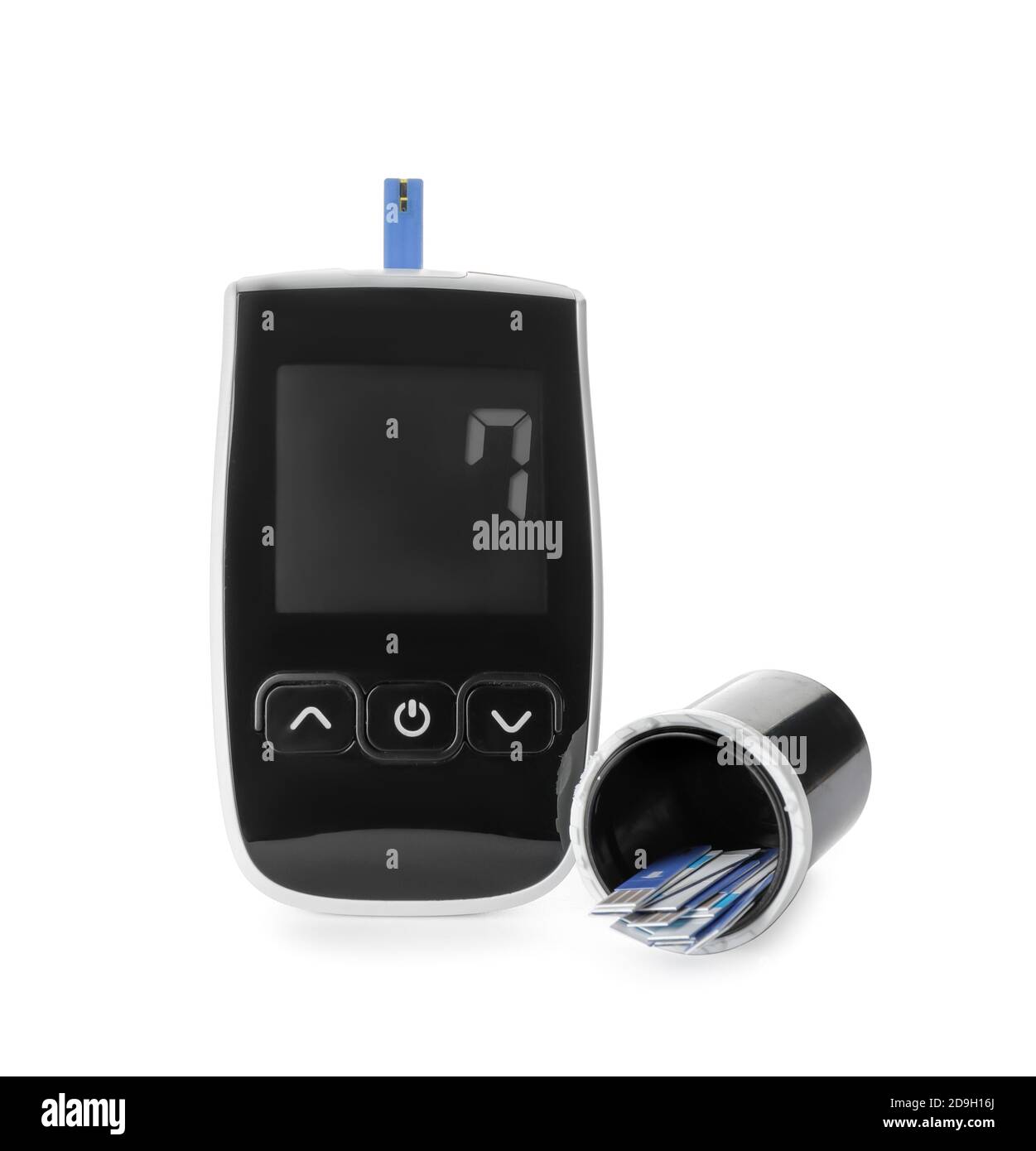 Glucometer and test strips on white background. Diabetes concept Stock ...