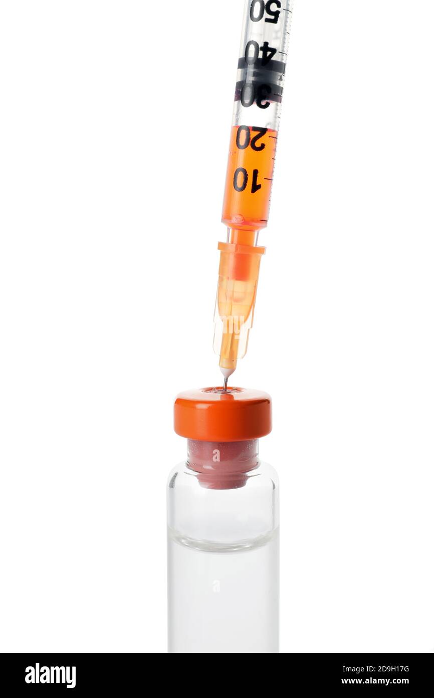 Bottle of insulin and syringe on white background. Diabetes concept ...