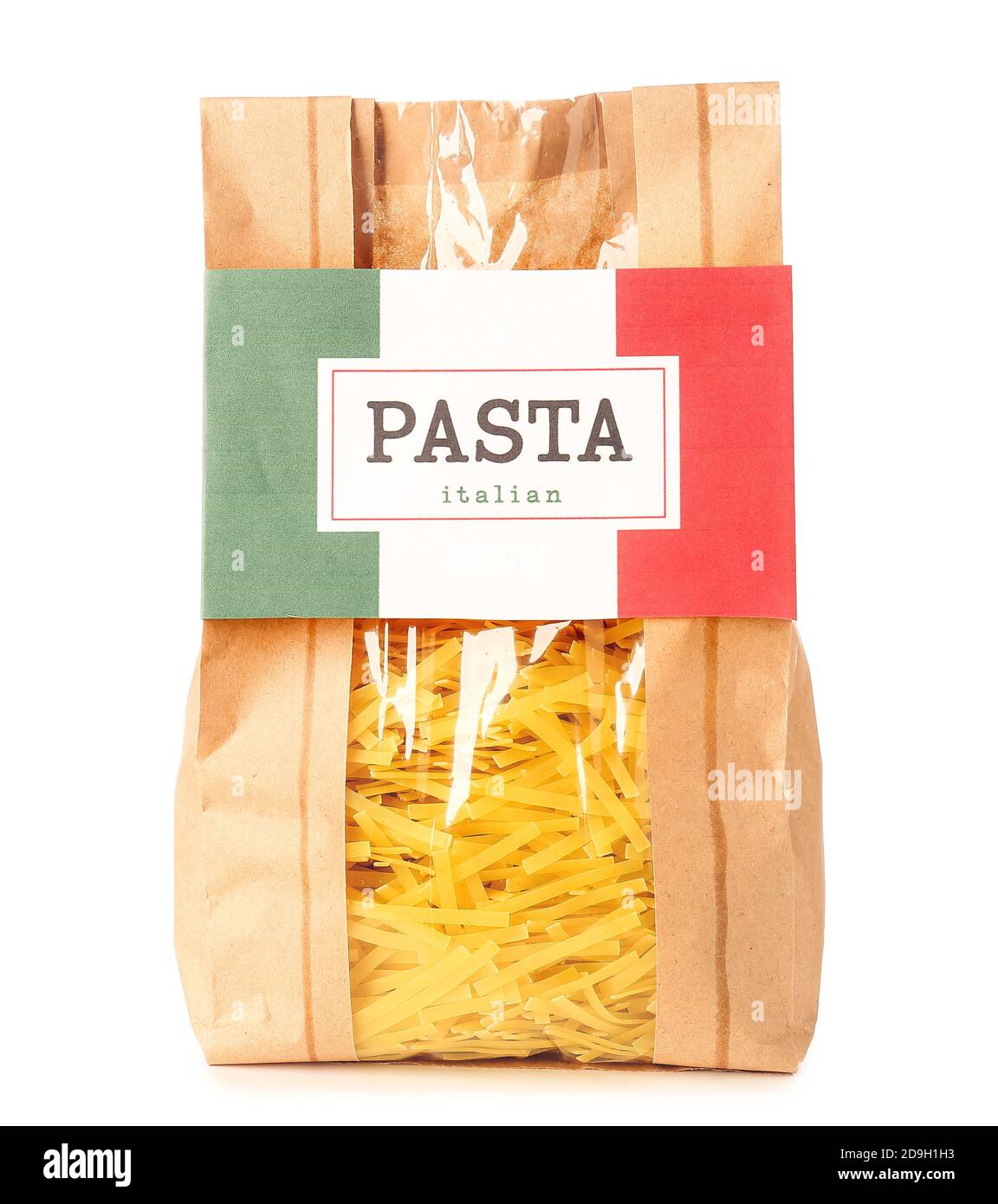 Bag with uncooked Italian pasta on white background Stock Photo - Alamy
