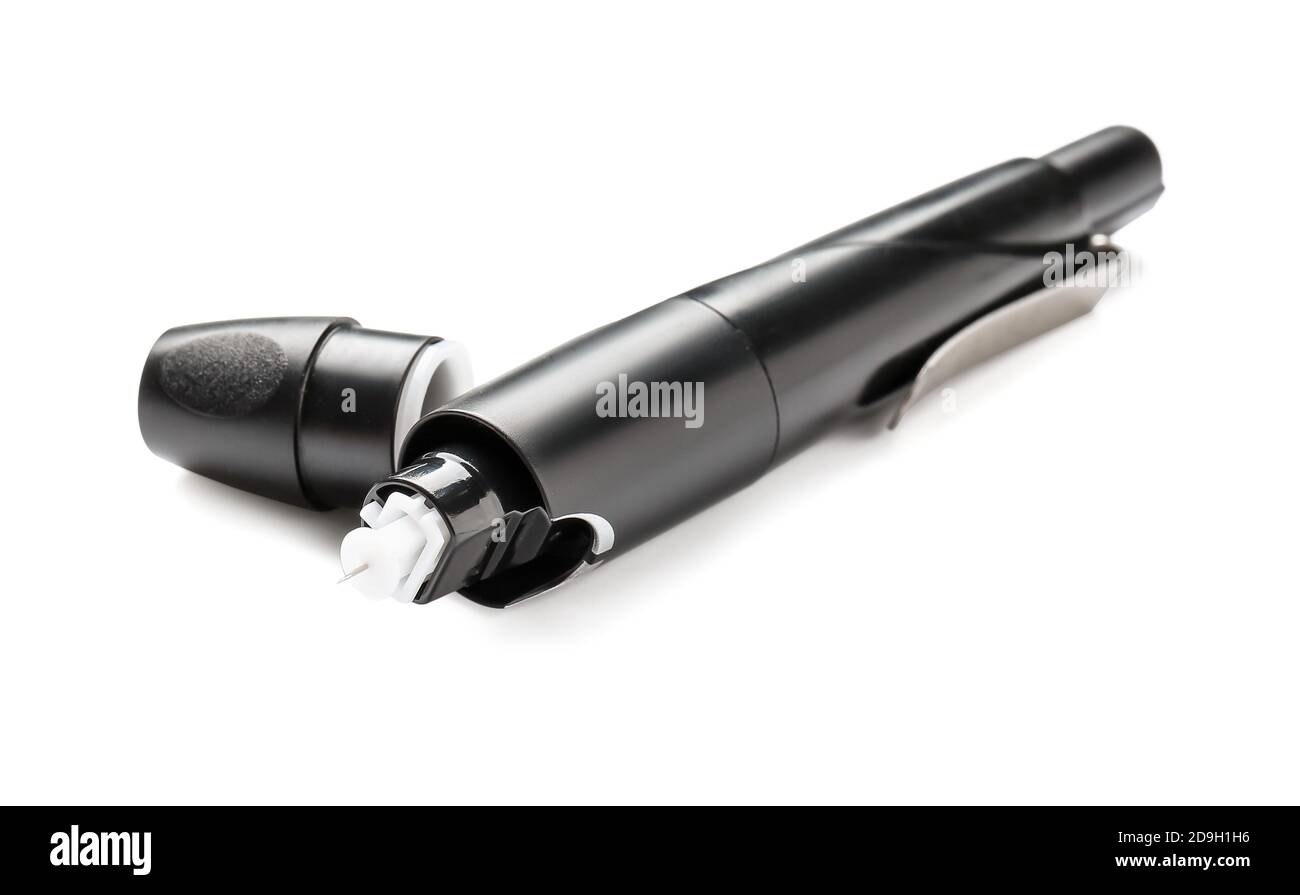 Modern lancet pen on white background. Diabetes concept Stock Photo - Alamy
