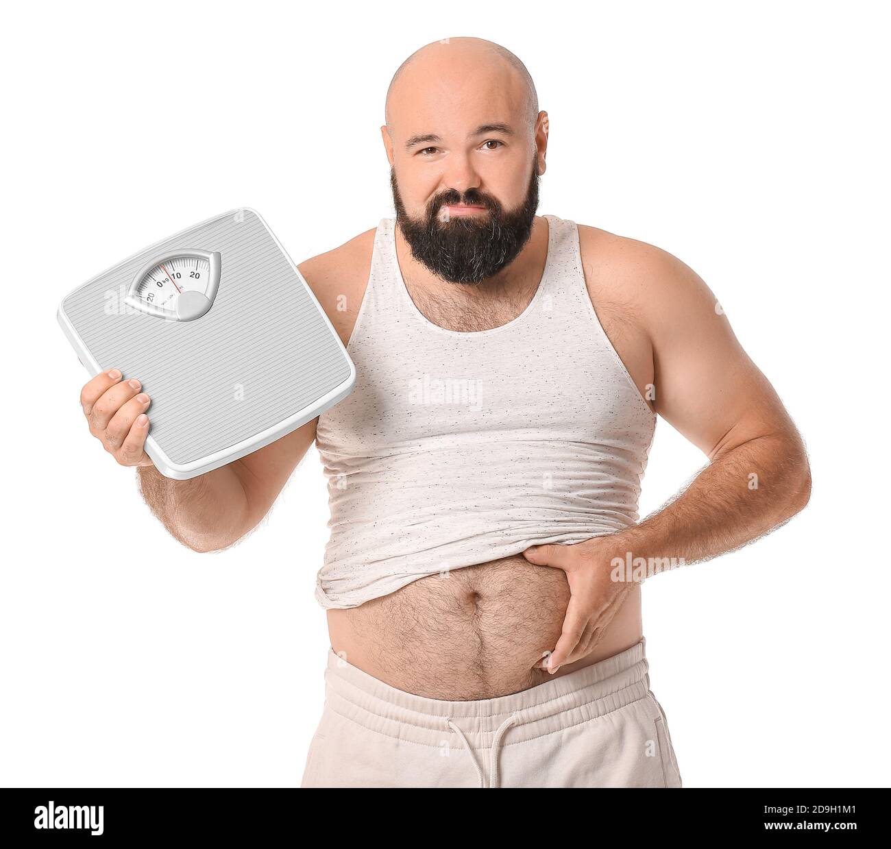 Sad overweight man with scales on white background. Weight loss concept ...