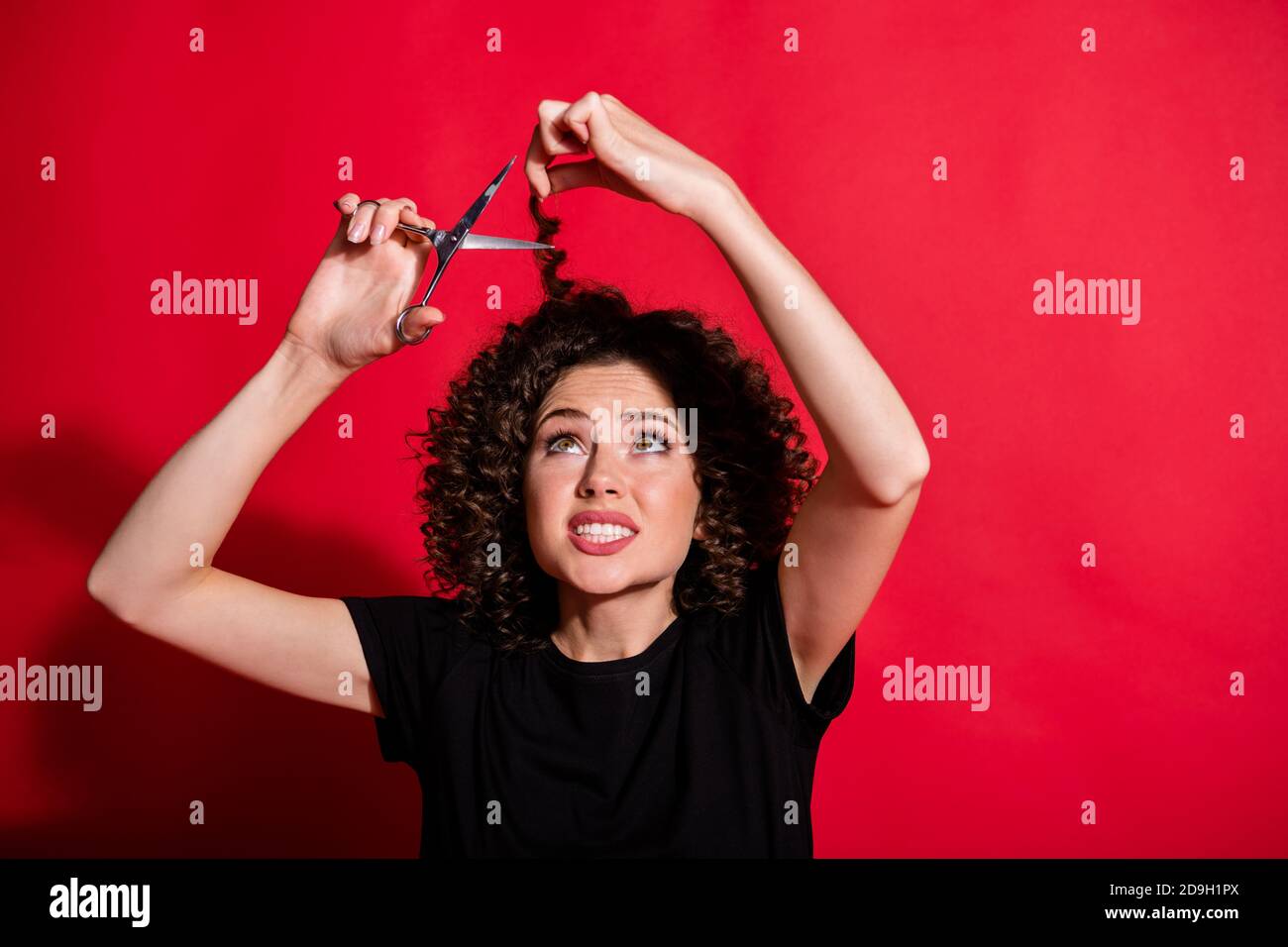 Photo of unsatisfied person cutting hair hand hold scissors bad ...