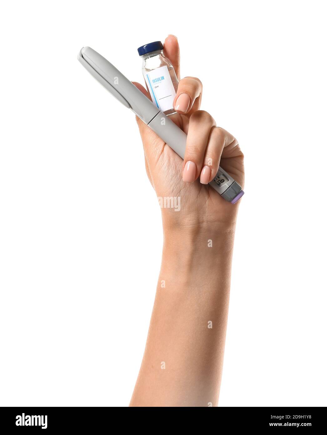 Female hand with syringe and bottle of insulin on white background ...